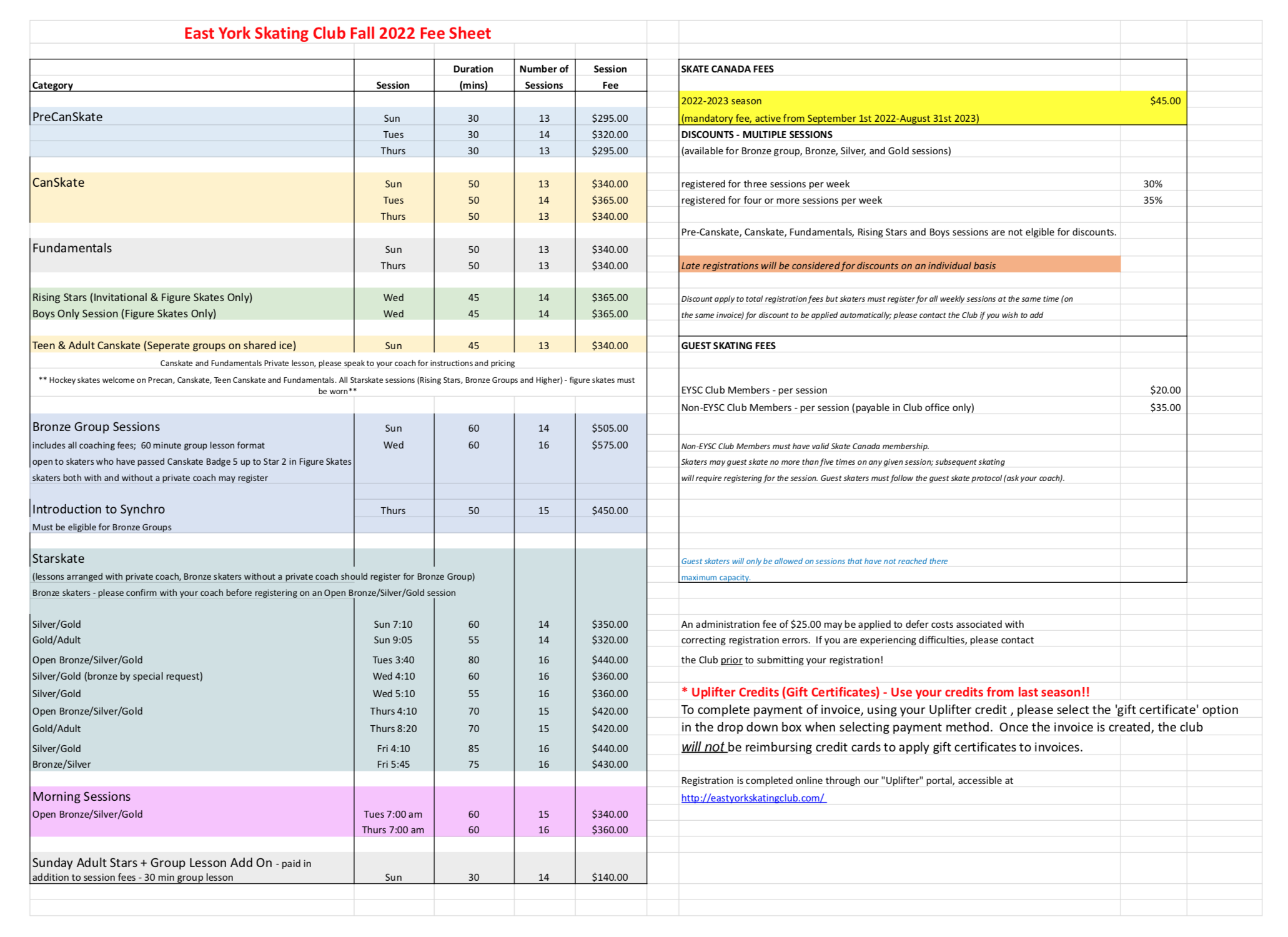 Fall 2022 - Fee Guide :: Program Registrations - EYSC